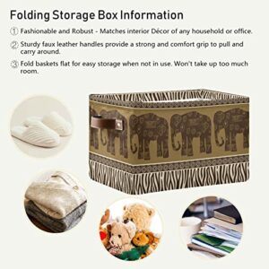 Gougeta Foldable Storage Basket with Handle, African Elephants and Zebra Rectangular Canvas Organizer Bins for Home Office Closet Clothes Toys 1 Pack