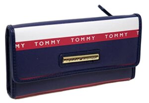 tommy hilfiger women’s navy blue red white logo print checkbook wallet clutch