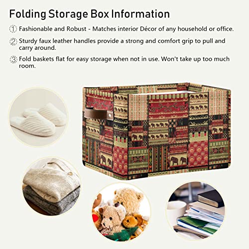 Gougeta Foldable Storage Basket with Handle, African Tribal Mandala Elephant Rectangular Canvas Organizer Bins for Home Office Closet Clothes Toys 1 Pack