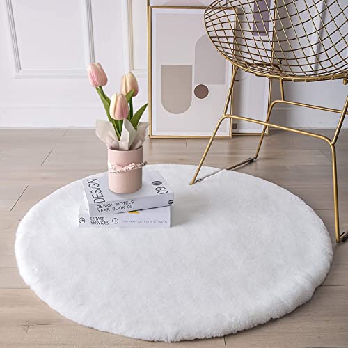 TENNOLA Soft Faux Rabbit Fur Rug 2x2 Feet White Round Fluffy Rugs for Bedroom Circle Area Rug for Kids Room Furry Rug Shaggy Rugs for Living Room Fuzzy Rug Circular Rug Carpet