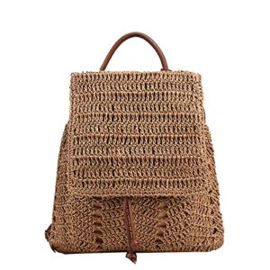 owgsee summer handmade woven crochet straw backpack flap drawstring boho backpack purse for women vacation (khaki)