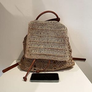 OWGSEE Summer Handmade Woven Crochet Straw Backpack Flap Drawstring Boho Backpack Purse for Women Vacation (Khaki)