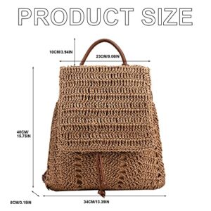 OWGSEE Summer Handmade Woven Crochet Straw Backpack Flap Drawstring Boho Backpack Purse for Women Vacation (Khaki)