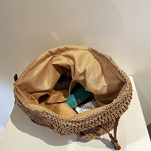 OWGSEE Summer Handmade Woven Crochet Straw Backpack Flap Drawstring Boho Backpack Purse for Women Vacation (Khaki)