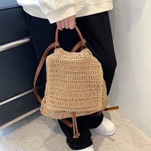 OWGSEE Summer Handmade Woven Crochet Straw Backpack Flap Drawstring Boho Backpack Purse for Women Vacation (Khaki)