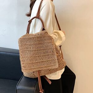 OWGSEE Summer Handmade Woven Crochet Straw Backpack Flap Drawstring Boho Backpack Purse for Women Vacation (Khaki)