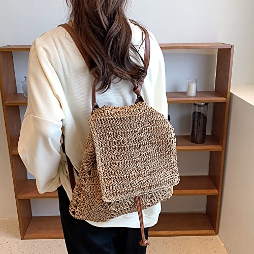 OWGSEE Summer Handmade Woven Crochet Straw Backpack Flap Drawstring Boho Backpack Purse for Women Vacation (Khaki)