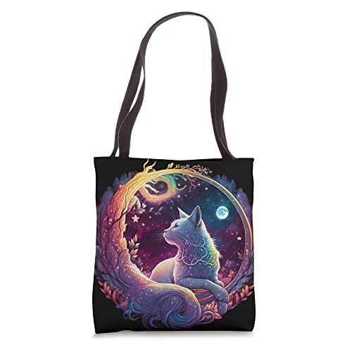 Embrace Mystical Vibes with Cat and Moonlight Design Tote Bag