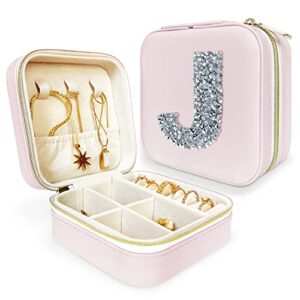 personalized initial jewelry box gifts for women – white & pink colors – travel organizer case for girls – bridesmaid gift (pink box #j)