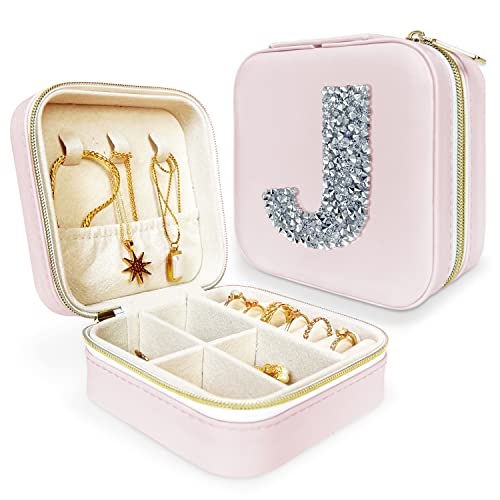 Personalized Initial Jewelry Box Gifts for Women - White & Pink Colors - Travel Organizer Case for Girls - Bridesmaid Gift (Pink Box #J)