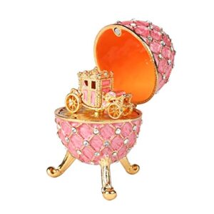 QIFU Vintage Pink Faberge Egg Style Enameled Trinket Box Hinged with Mini Royal Carriage