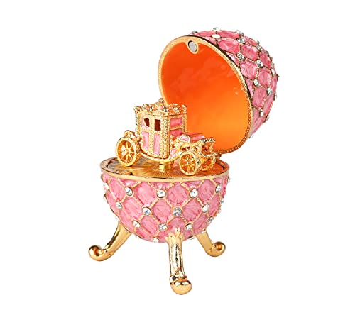 QIFU Vintage Pink Faberge Egg Style Enameled Trinket Box Hinged with Mini Royal Carriage