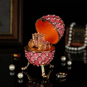 QIFU Vintage Pink Faberge Egg Style Enameled Trinket Box Hinged with Mini Royal Carriage