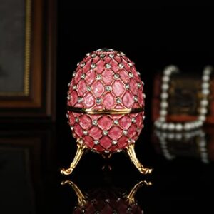 QIFU Vintage Pink Faberge Egg Style Enameled Trinket Box Hinged with Mini Royal Carriage