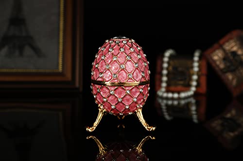 QIFU Vintage Pink Faberge Egg Style Enameled Trinket Box Hinged with Mini Royal Carriage