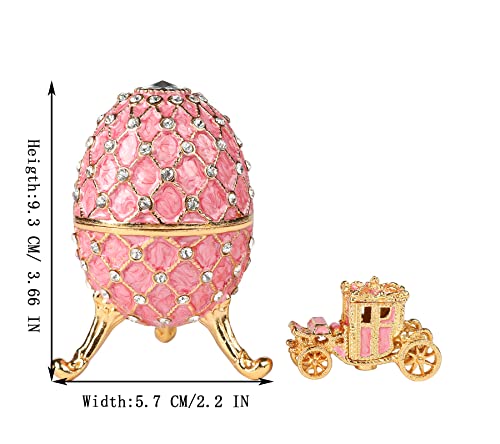 QIFU Vintage Pink Faberge Egg Style Enameled Trinket Box Hinged with Mini Royal Carriage