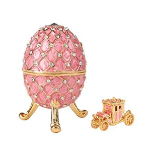 QIFU Vintage Pink Faberge Egg Style Enameled Trinket Box Hinged with Mini Royal Carriage