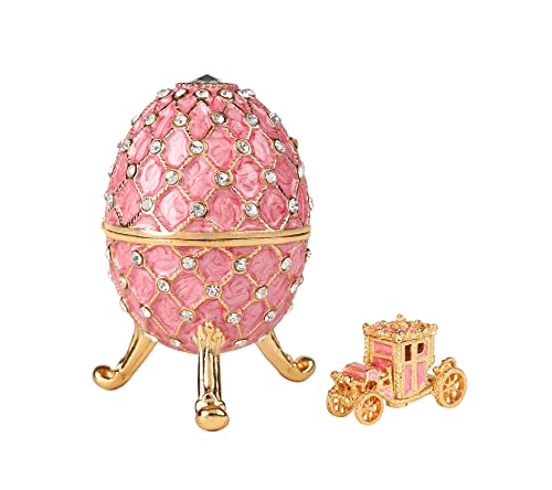 QIFU Vintage Pink Faberge Egg Style Enameled Trinket Box Hinged with Mini Royal Carriage