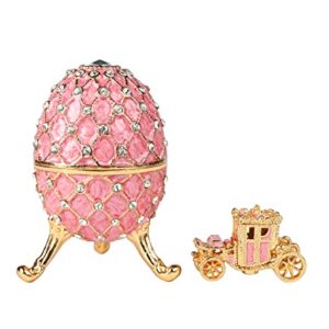 QIFU Vintage Pink Faberge Egg Style Enameled Trinket Box Hinged with Mini Royal Carriage