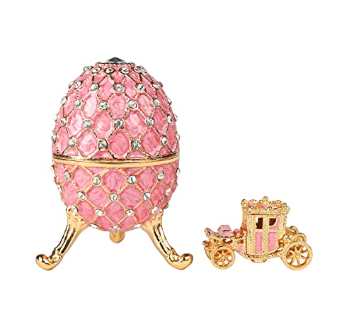 QIFU Vintage Pink Faberge Egg Style Enameled Trinket Box Hinged with Mini Royal Carriage