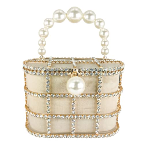 DDQYYSPP Synthetic Pearl Top-Handle Women Metal Bucket Bag Crystal Evening Purses and Clutches Formal Wedding Handbags