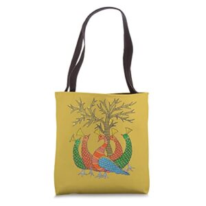 madhubani peacocks and trees tote bag