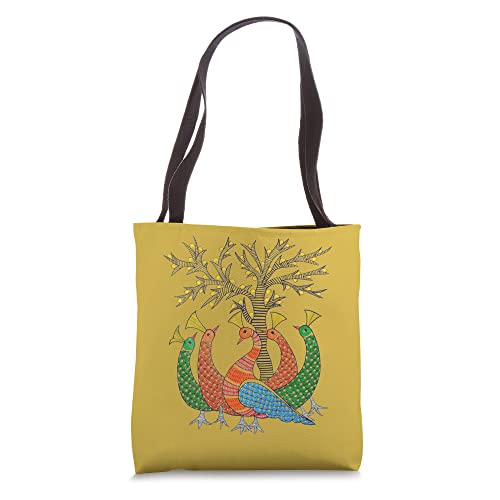 Madhubani peacocks and trees Tote Bag