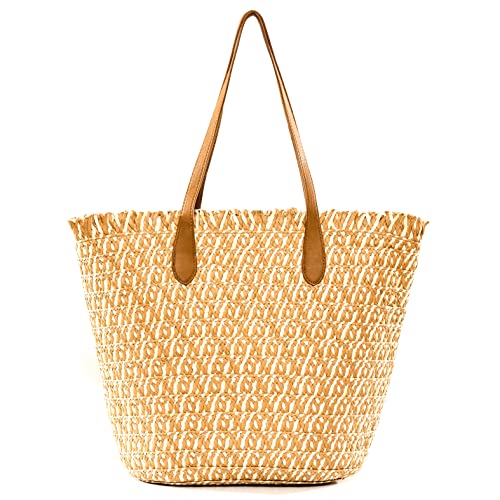 Straw tote beach shuolder handbag travel large tassels woven crossbody wicker boho Zipper lightweight shopping bags women (khaki)