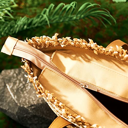 Straw tote beach shuolder handbag travel large tassels woven crossbody wicker boho Zipper lightweight shopping bags women (khaki)