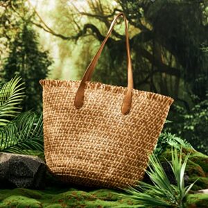 Straw tote beach shuolder handbag travel large tassels woven crossbody wicker boho Zipper lightweight shopping bags women (khaki)