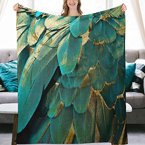 Feather Glitter Teal and Gold Flannel Fleece Throw Blankets 50"X40" Lightweight Fluffy Winter Fall Blanket Cozy Soft Fuzzy Plush Home Decor for Couch Bed Sofa Bedroom Living Room Travel