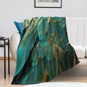 Feather Glitter Teal and Gold Flannel Fleece Throw Blankets 50"X40" Lightweight Fluffy Winter Fall Blanket Cozy Soft Fuzzy Plush Home Decor for Couch Bed Sofa Bedroom Living Room Travel