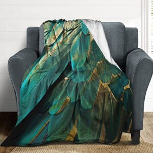 Feather Glitter Teal and Gold Flannel Fleece Throw Blankets 50"X40" Lightweight Fluffy Winter Fall Blanket Cozy Soft Fuzzy Plush Home Decor for Couch Bed Sofa Bedroom Living Room Travel