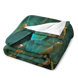 Feather Glitter Teal and Gold Flannel Fleece Throw Blankets 50"X40" Lightweight Fluffy Winter Fall Blanket Cozy Soft Fuzzy Plush Home Decor for Couch Bed Sofa Bedroom Living Room Travel