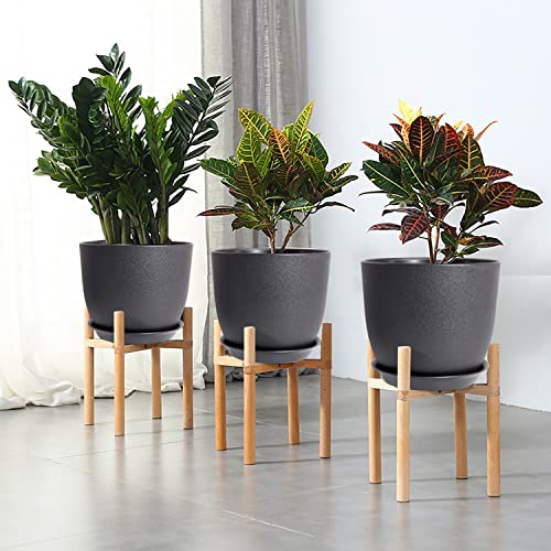 WOUSIWER Plant Pots 10/9/8 inch, Set of 3 Modern Decorative Plastic Planters with Drainage Holes and Saucers for House Plants Indoor Flowers Plants, Black