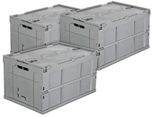 mount-it! folding plastic storage crate, pack of 3, collapsible utility distribution container with attached lid, 65l liter capacity, gray,