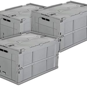 Mount-It! Folding Plastic Storage Crate, PACK OF 3, Collapsible Utility Distribution Container with Attached Lid, 65L Liter Capacity, Gray,