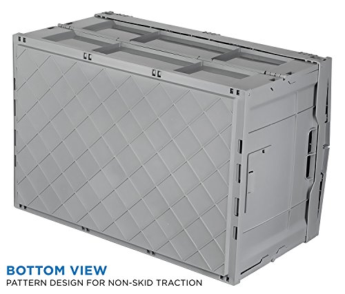 Mount-It! Folding Plastic Storage Crate, PACK OF 3, Collapsible Utility Distribution Container with Attached Lid, 65L Liter Capacity, Gray,