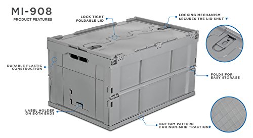 Mount-It! Folding Plastic Storage Crate, PACK OF 3, Collapsible Utility Distribution Container with Attached Lid, 65L Liter Capacity, Gray,