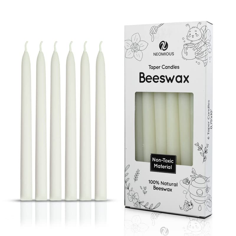 Neomious 6 pcs Beeswax Taper Candles, White Candle Sticks, Natural White Tapered Candles, 10 Inch Dripless Taper Candles, Bees Wax Candle Stick for Home Decor, Christmas, Shabbat, Thanksgiving