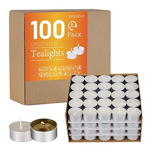 AlterEgo Unscented Tea Lights - 100 Pack Tealight Candles - 6+ Hour Burn Time - Clean-Burning White Palm Votive Smokeless Tealights Candles for Home, Shabbat & Anniversaries (100Pack)