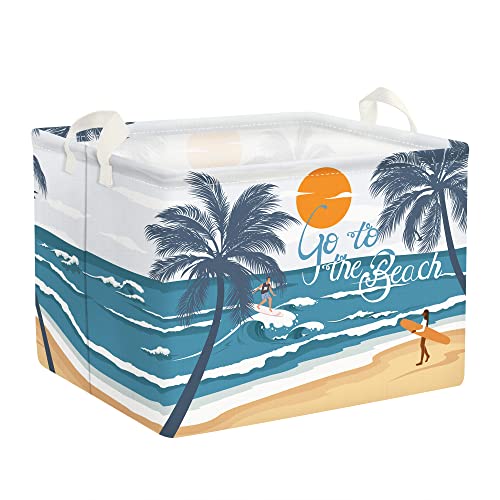 Clastyle Summer Beach Sun Sea Shelf Basket for Bedroom Coconut Trees Blue Rectangle Clothes Toys Cube Storage Basket, 36L