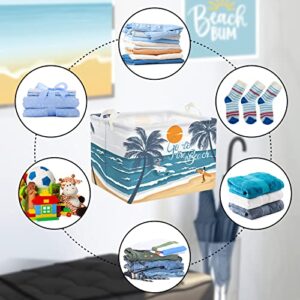 Clastyle Summer Beach Sun Sea Shelf Basket for Bedroom Coconut Trees Blue Rectangle Clothes Toys Cube Storage Basket, 36L