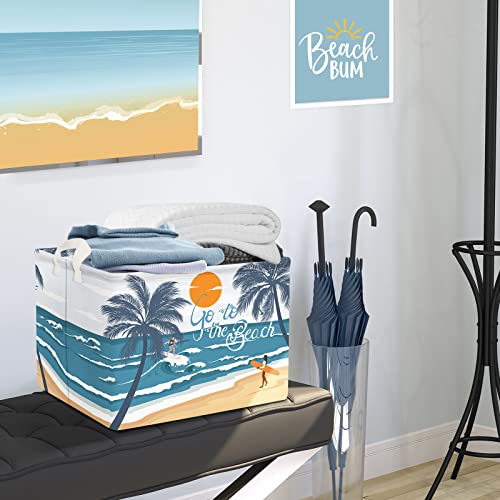 Clastyle Summer Beach Sun Sea Shelf Basket for Bedroom Coconut Trees Blue Rectangle Clothes Toys Cube Storage Basket, 36L