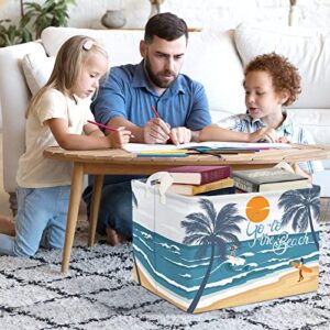 Clastyle Summer Beach Sun Sea Shelf Basket for Bedroom Coconut Trees Blue Rectangle Clothes Toys Cube Storage Basket, 36L