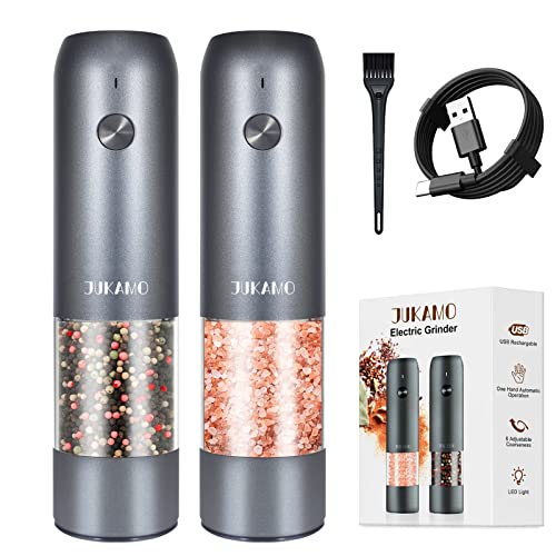 JUKAMO Automatic USB Electric Salt and Pepper Grinder Set, Rechargeable Salt and Pepper Shakers Light up Large Capacity SKY Grey