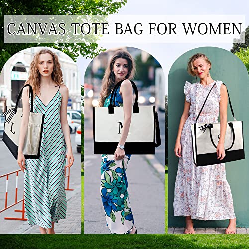 BeeGreen Initial Tote Bags For Women 13oz Canvas Tote Bag with Zipper and Shoulder Strap Embroidery Beach Bag Teacher Tote Bag with Side Pockets Monogrammed Personalized Tote Bags For Mom Mother Her