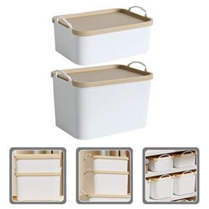 Cabilock 2pcs Plastic Storage Baskets with Lids Shelf Organizer Bins with Handle Stackable Storage Box Containers Makeup Cosmetic Organizer for Shelves Drawers Desktop Closet