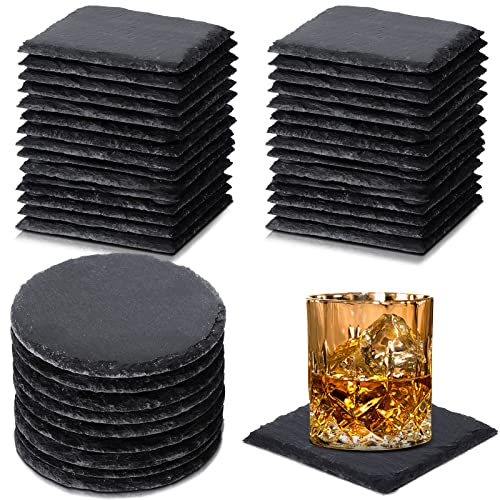 24 Pieces Slate Coasters Black Slate Stone Coasters Bulk Round and Square Stone Cup Coaster Set with Natural Rough Edge for Drinks Home Table Bar Kitchen Housewarming Gift