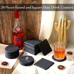 24 Pieces Slate Coasters Black Slate Stone Coasters Bulk Round and Square Stone Cup Coaster Set with Natural Rough Edge for Drinks Home Table Bar Kitchen Housewarming Gift